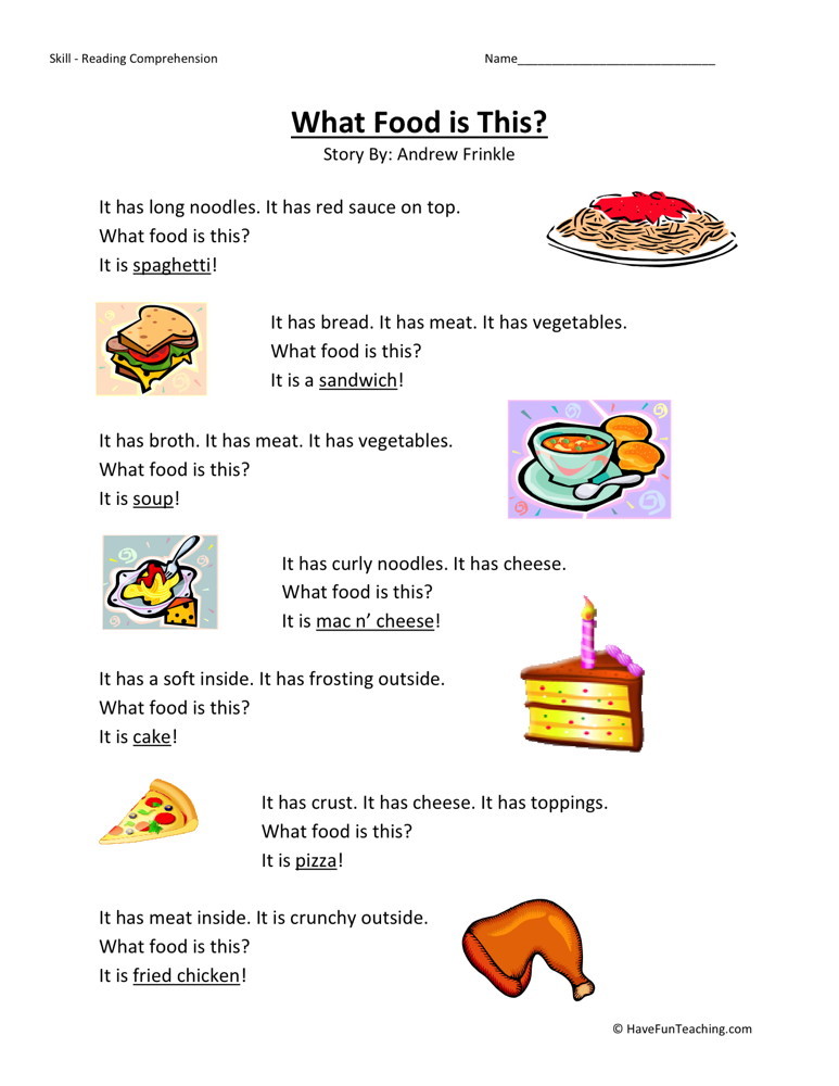 Reading Comprehension Worksheet What Food Is This Reading Comprehension Worksheet What Food Is This
