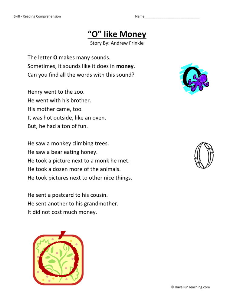 Reading Comprehension Worksheet O Like Money Reading Comprehension Worksheet O Like Money