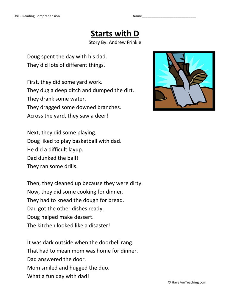 Reading Comprehension Worksheet Starts With D Reading Comprehension Worksheet Starts With D