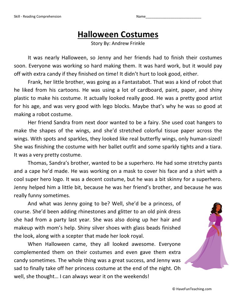 Reading Comprehension Worksheet Halloween Costumes Reading Comprehension Worksheet Halloween Costumes