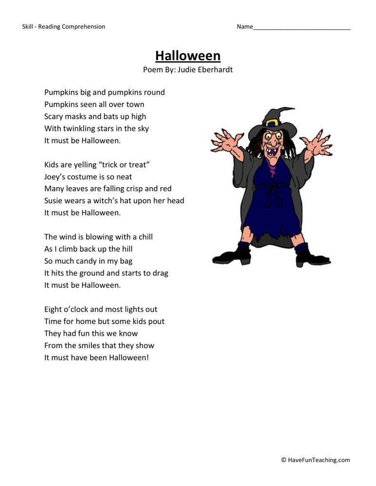 Reading Comprehension Worksheet Halloween Reading Comprehension Worksheet Halloween