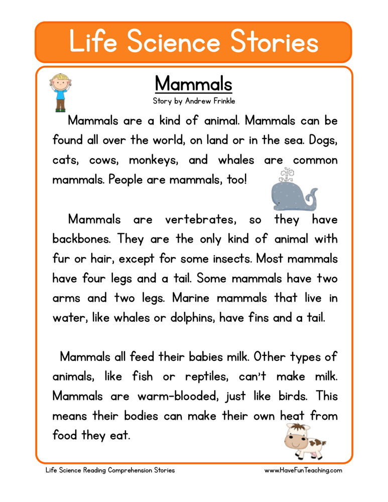 Reading Comprehension Worksheet Mammals