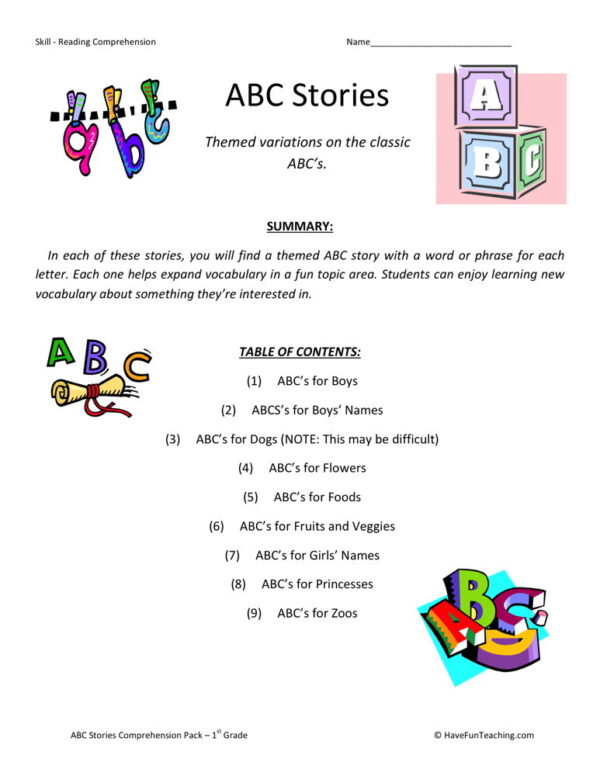 Reading Comprehension Worksheet - ABC Stories Collection