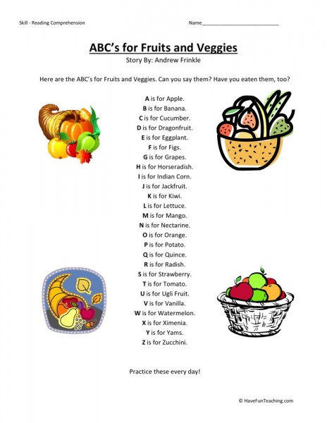 Reading Comprehension Worksheet - ABC's for Fruits and Veggies