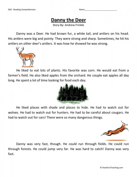 Reading Comprehension Worksheet - Danny the Deer