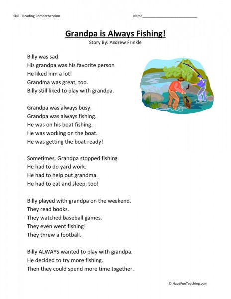 Reading Comprehension Worksheet - Grandpa is Always Fishing