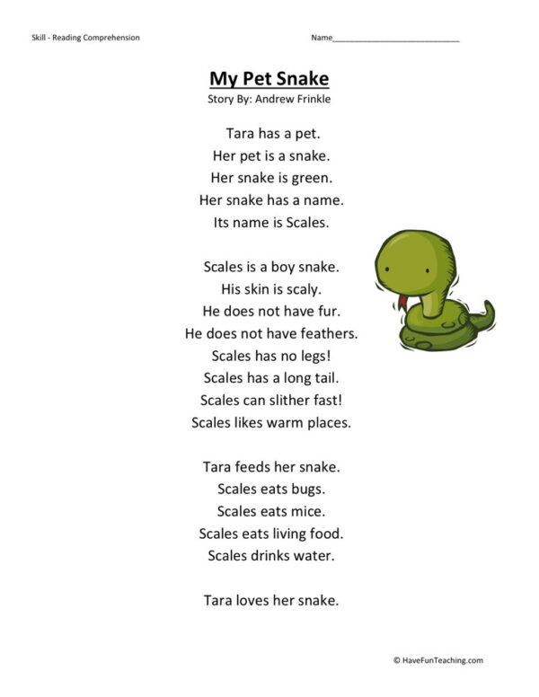 Reading Comprehension Worksheet - My Pet Snake