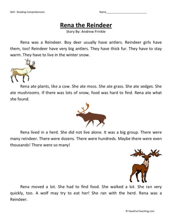 Reading Comprehension Worksheet - Rena the Reindeer