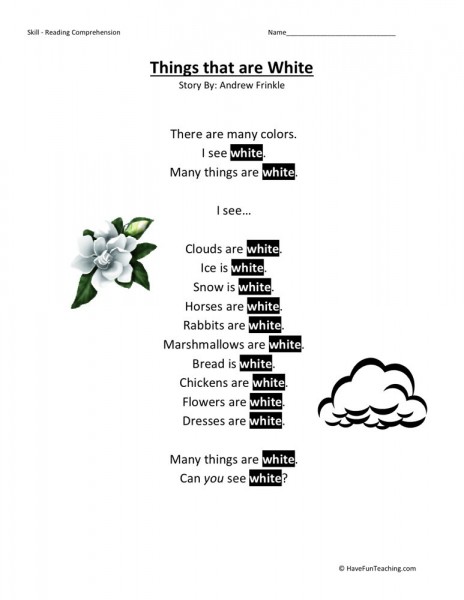 Reading Comprehension Worksheet - Things That Are White