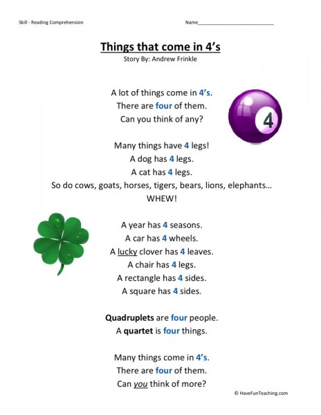 Reading Comprehension Worksheet - Things That Come in 4s