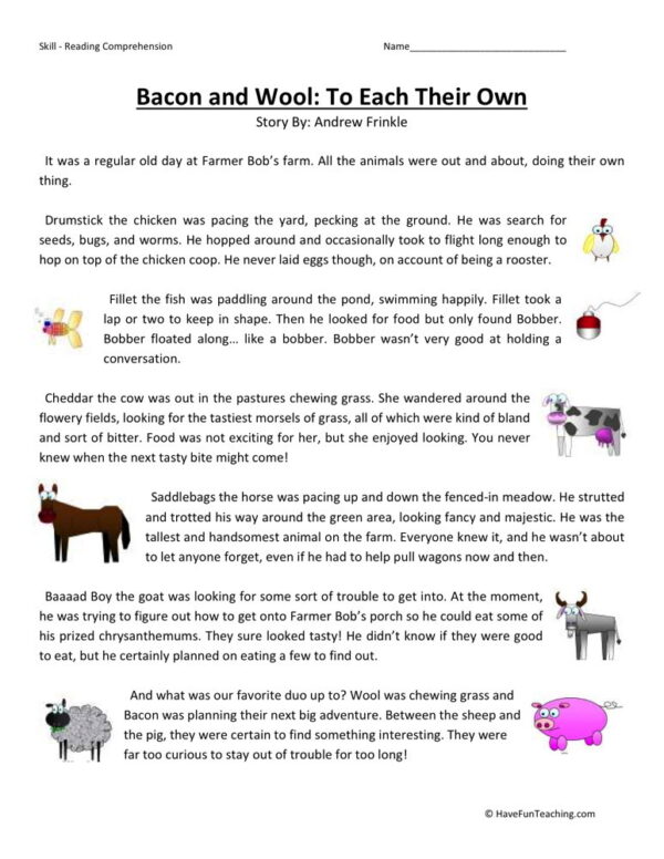 Reading Comprehension Worksheet - Bacon and Wool: To Each Their Own