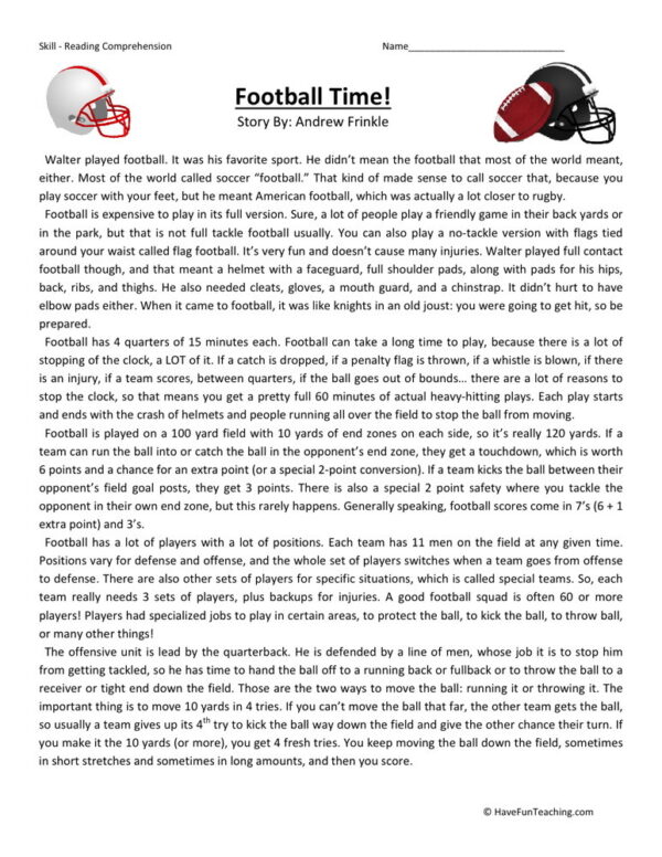 Reading Comprehension Worksheet - Football Time