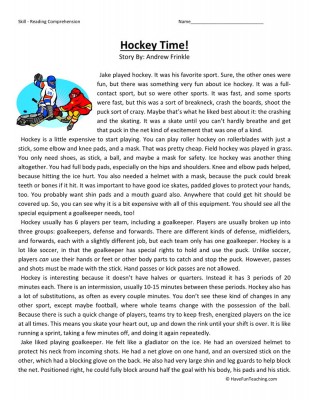 Reading Comprehension Worksheet - Hockey Time