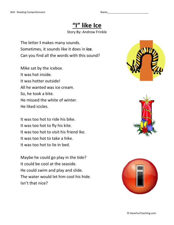 Reading Comprehension Worksheet - I Like Ice