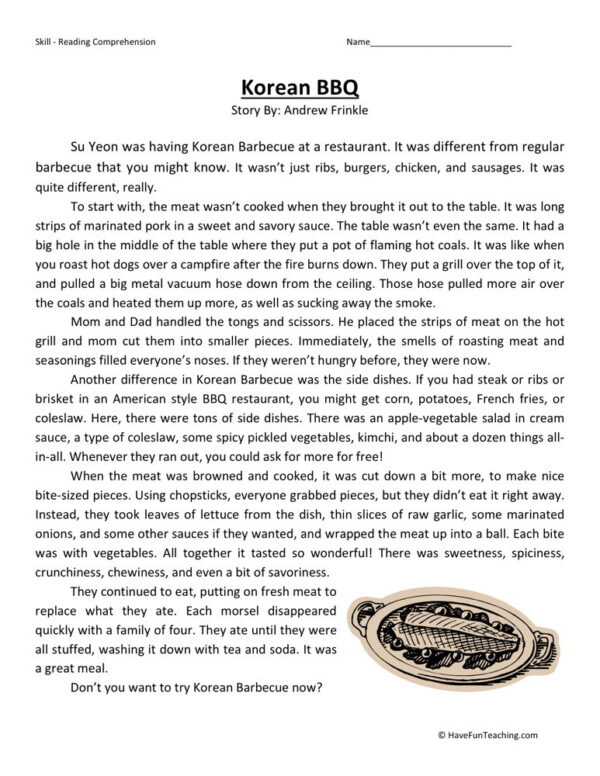 Reading Comprehension Worksheet - Korean BBQ