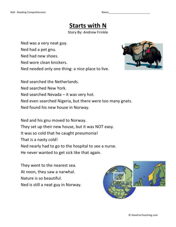 Reading Comprehension Worksheet - Starts with N