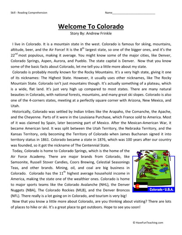 Reading Comprehension Worksheet - Welcome to Colorado