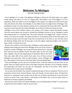 Reading Comprehension Worksheet - Welcome to Michigan