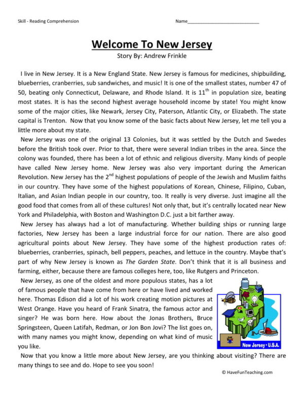 Reading Comprehension Worksheet - Welcome to New Jersey