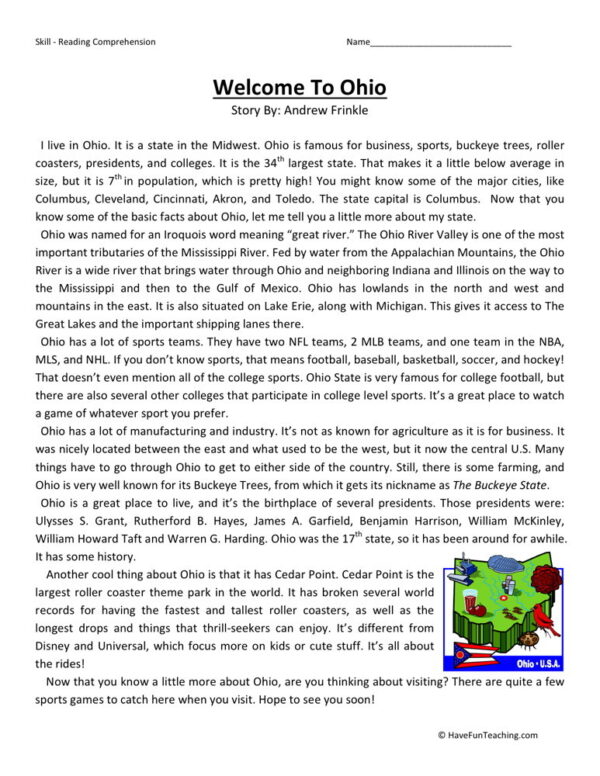 Reading Comprehension Worksheet - Welcome to Ohio