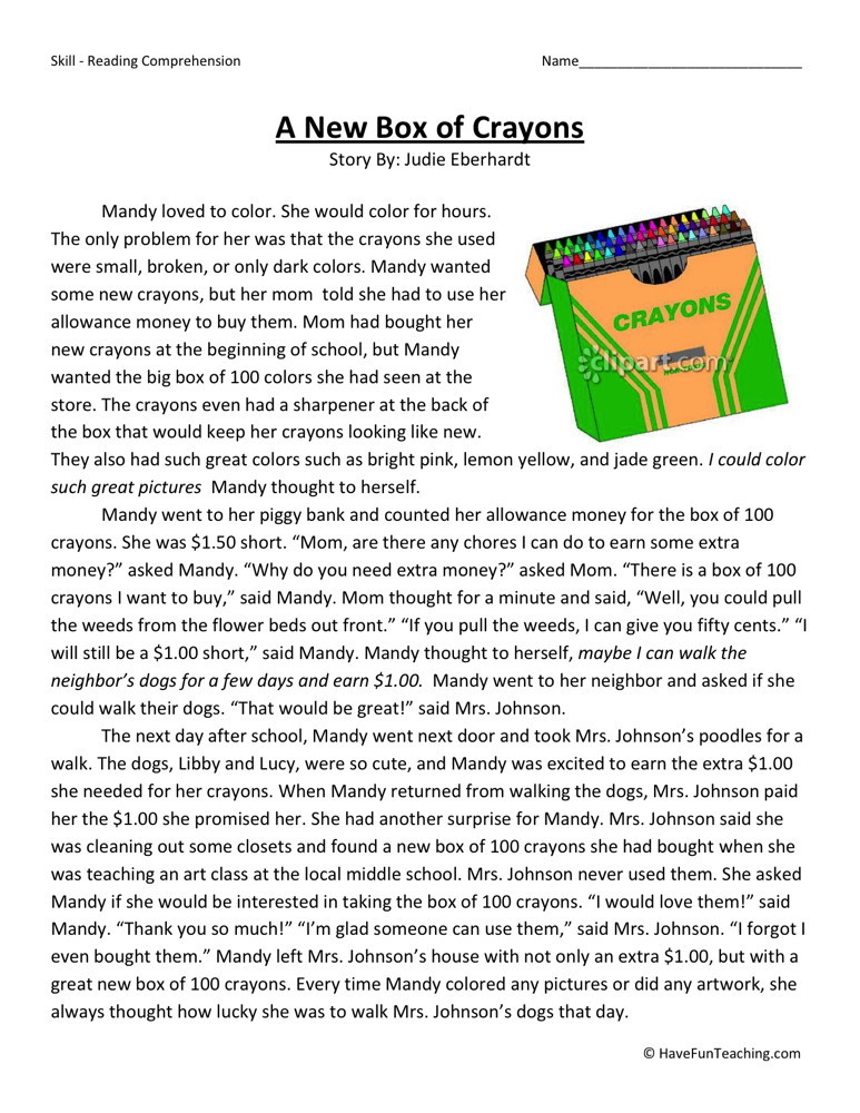 Reading Comprehension Worksheet - A New Box of Crayons