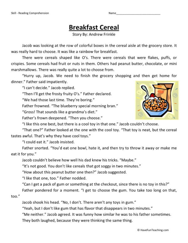 Reading Comprehension Worksheet - Breakfast Cereal