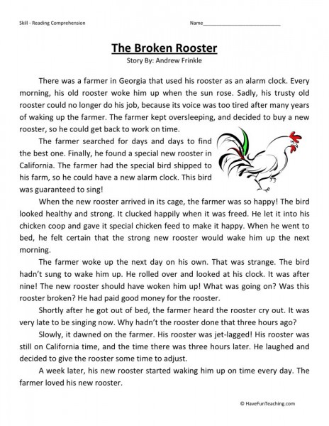 Reading Comprehension Worksheet - The Broken Rooster