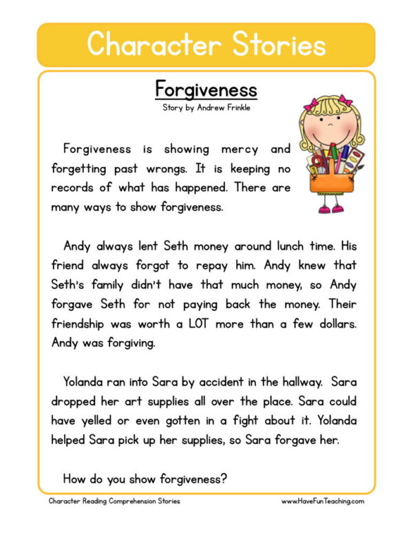 Character Reading Comprehension Worksheets