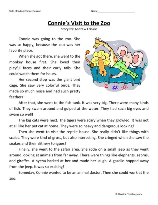 Reading Comprehension Worksheet - Connie's Visit to the Zoo