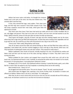 Reading Comprehension Worksheet - Eating Crab