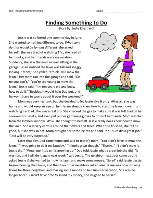 Reading Comprehension Worksheet - Finding Something to Do