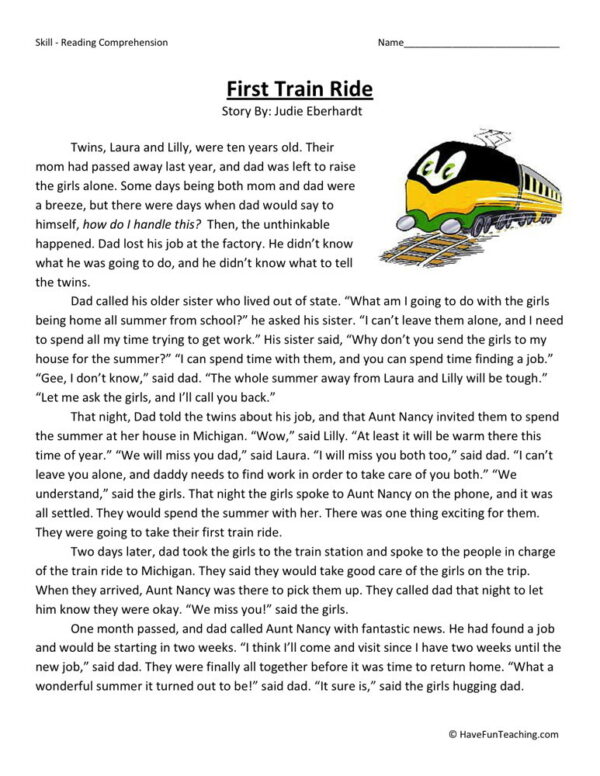 Reading Comprehension Worksheet - First Train Ride