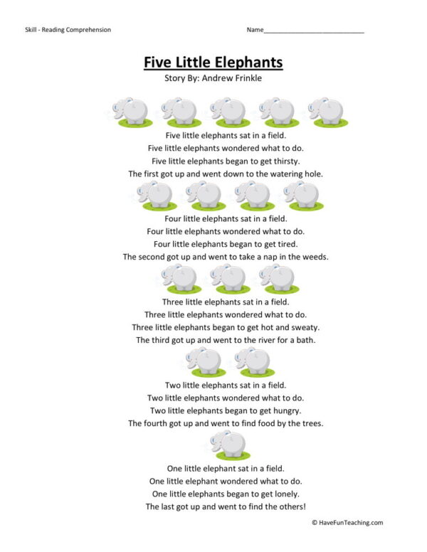 Reading Comprehension Worksheet - Five Little Elephants