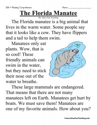 Reading Comprehension Worksheet - The Florida Manatee