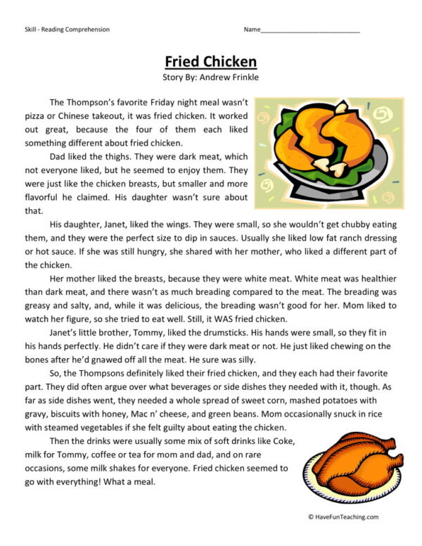 Reading Comprehension Worksheet - Fried Chicken