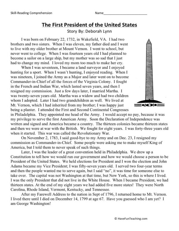 Reading Comprehension Worksheet - The First President of the United States