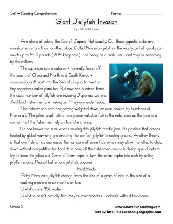 Reading Comprehension Worksheet - Giant Jellyfish Invasion
