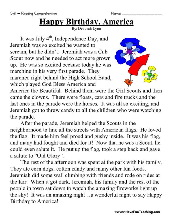 Reading Comprehension Worksheet - Happy Birthday, America