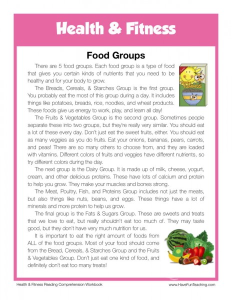 Reading Comprehension Worksheet - Food Groups