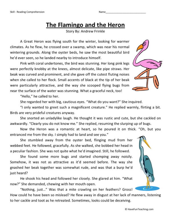 Reading Comprehension Worksheet - The Flamingo and the Heron
