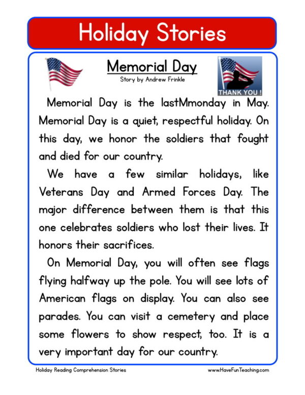 Reading Comprehension Worksheet - Memorial Day