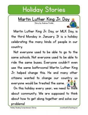 Reading Comprehension Worksheet - Martin Luther King Jr. Day