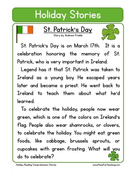 Reading Comprehension Worksheet - St. Patrick's Day