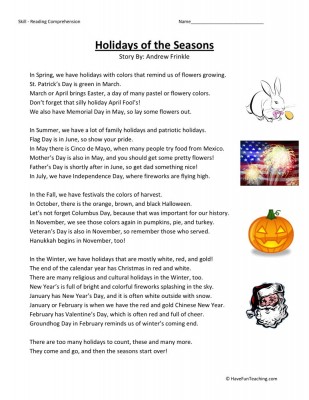 Reading Comprehension Worksheet - Holidays of the Seasons