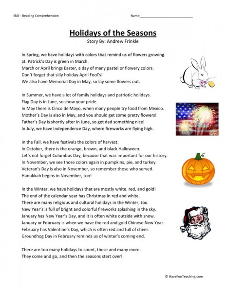 Reading Comprehension Worksheet - Holidays of the Seasons