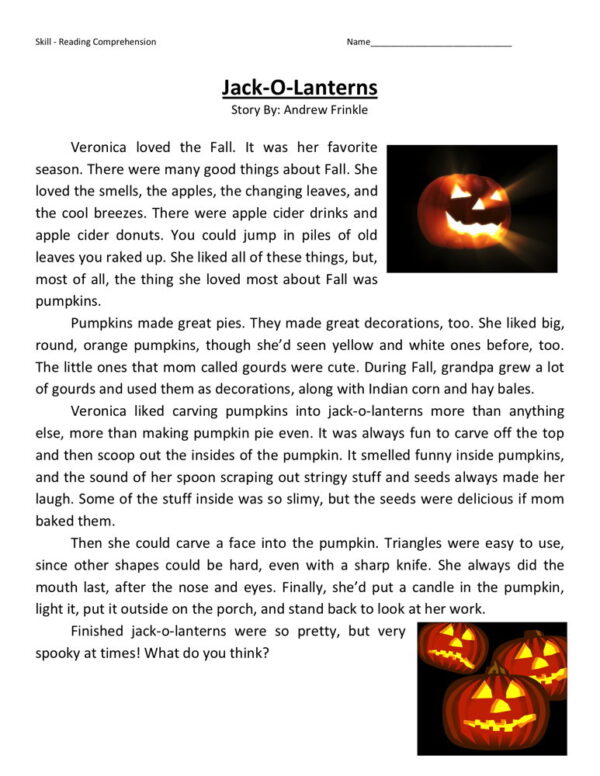 Reading Comprehension Worksheet - Jack-O-Lanterns