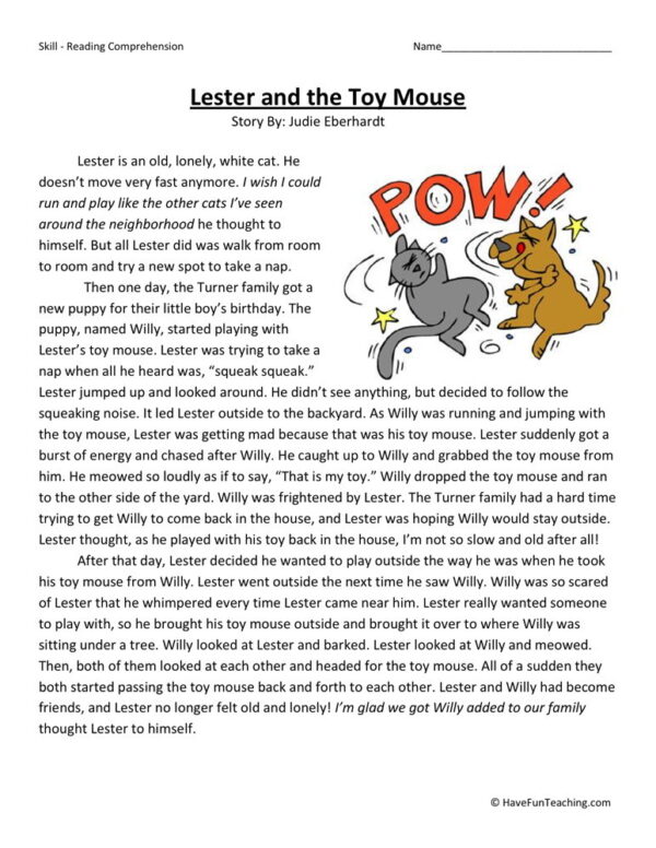 Reading Comprehension Worksheet - Lester and the Toy Mouse