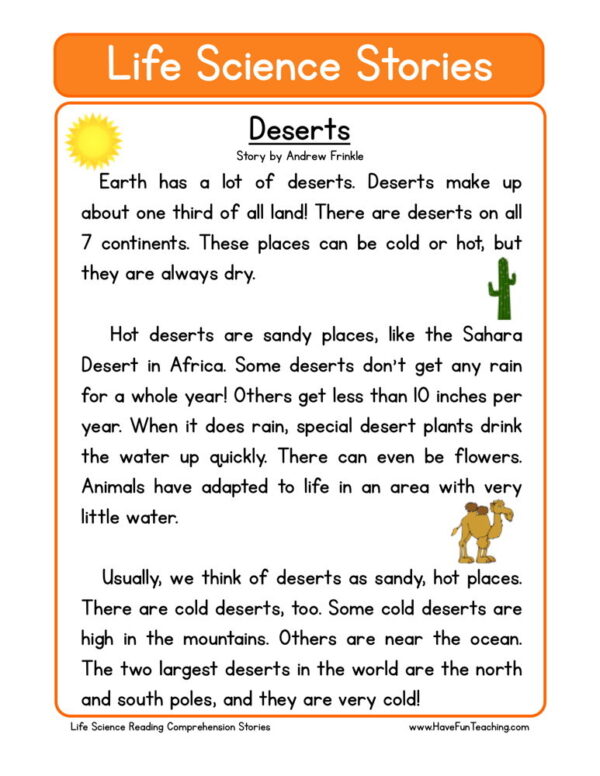 Reading Comprehension Worksheet - Deserts