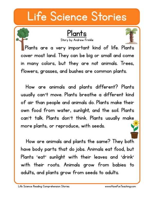 Reading Comprehension Worksheet - Plants