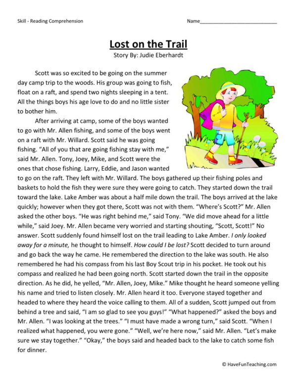 Reading Comprehension Worksheet - Lost on the Trail